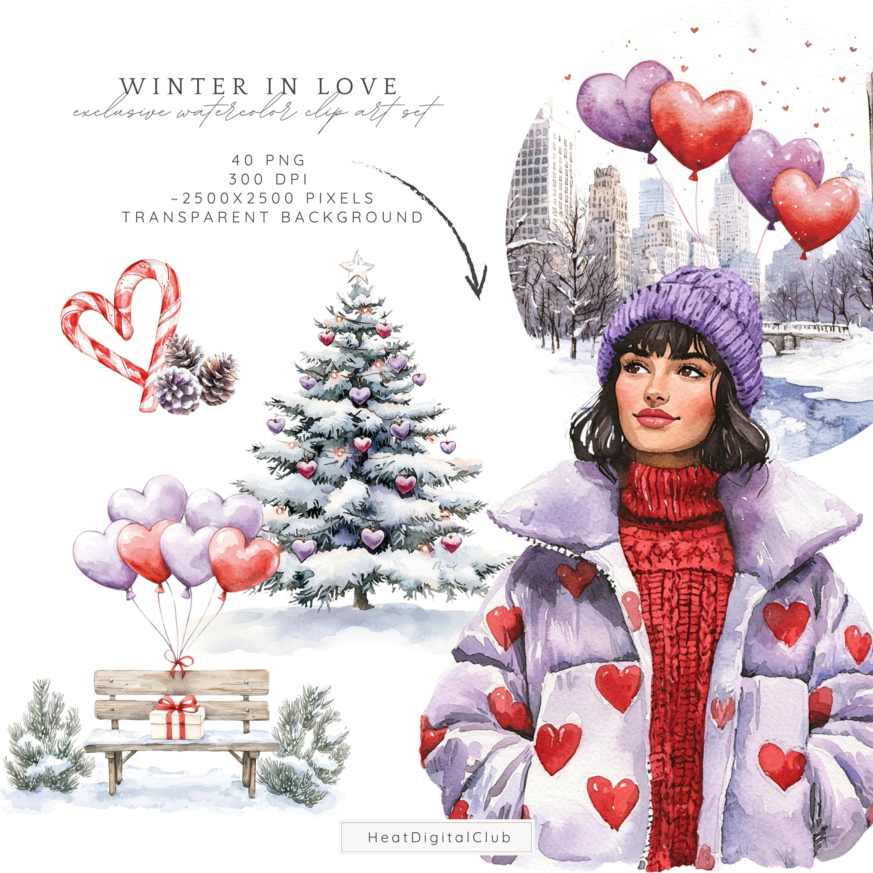 Watercolor Winter in Love Clipart, Cozy Romantic Winter Clip Art Bundle ...