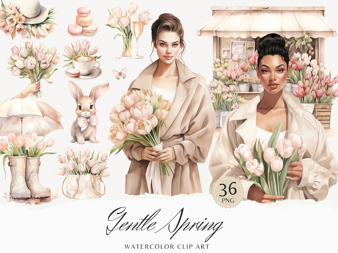 Watercolor Gentle Spring Clipart, Cozy Spring Clip Art, Tulips Graphics ...