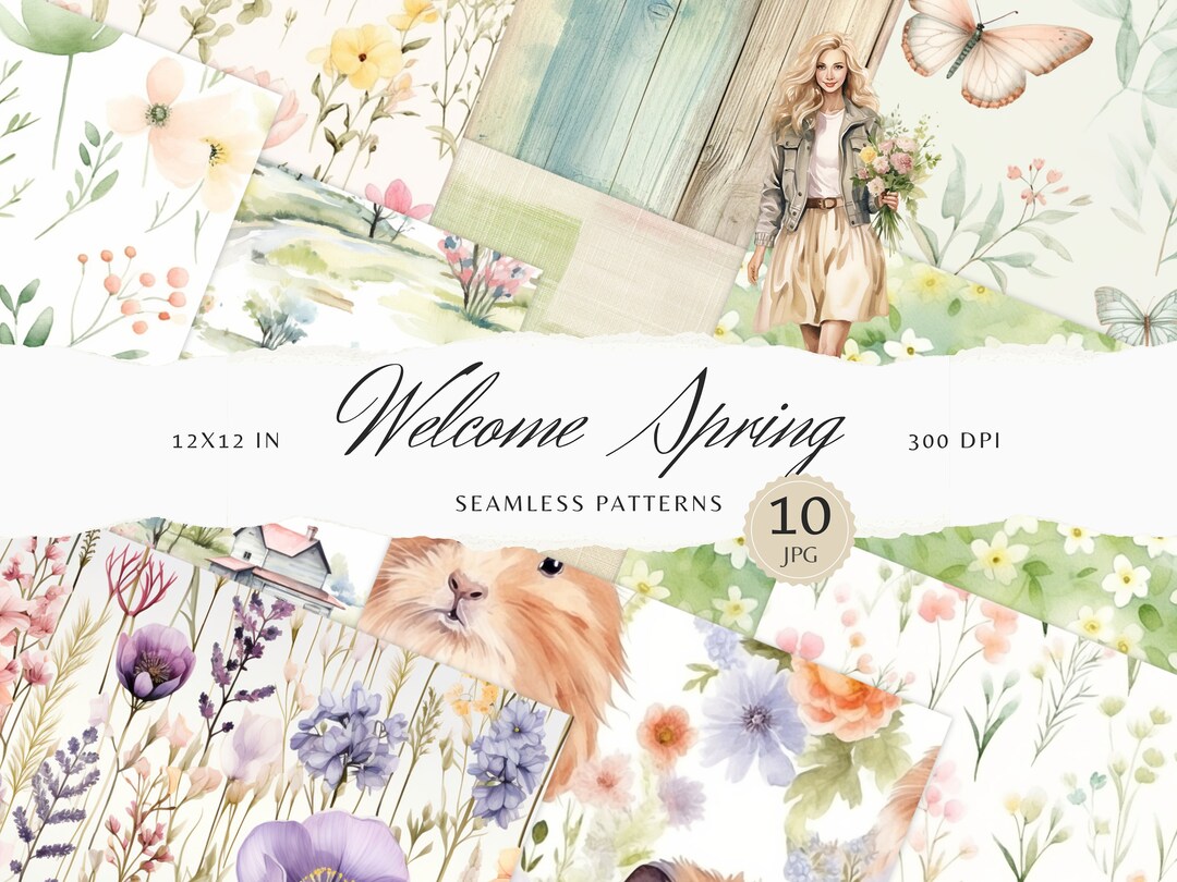 Watercolor Welcome Spring Seamless Patterns, Floral Pattern JPEG Spring Flowers Digital Download ...