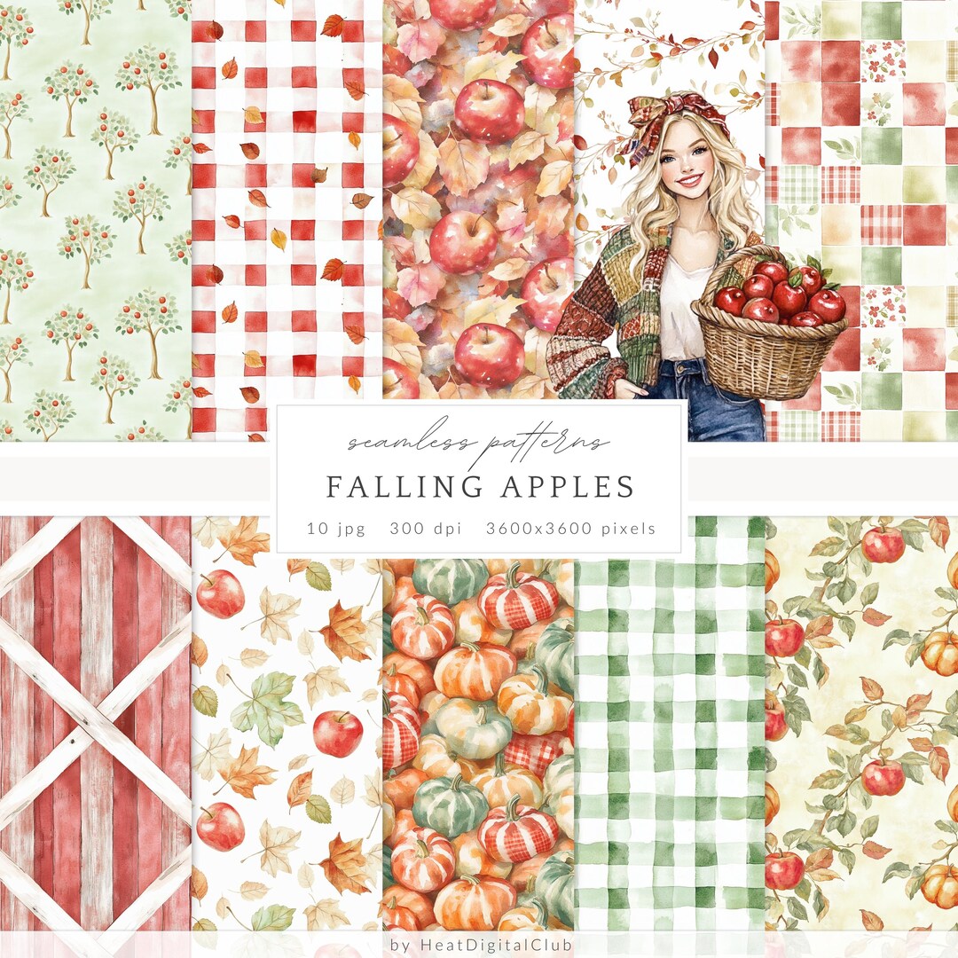 Watercolor Falling Apples Seamless Patterns, Cozy Autumn Gingham ...