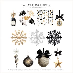 Watercolor Happy New Year Floral Arrangements Clipart, Black White Gold ...