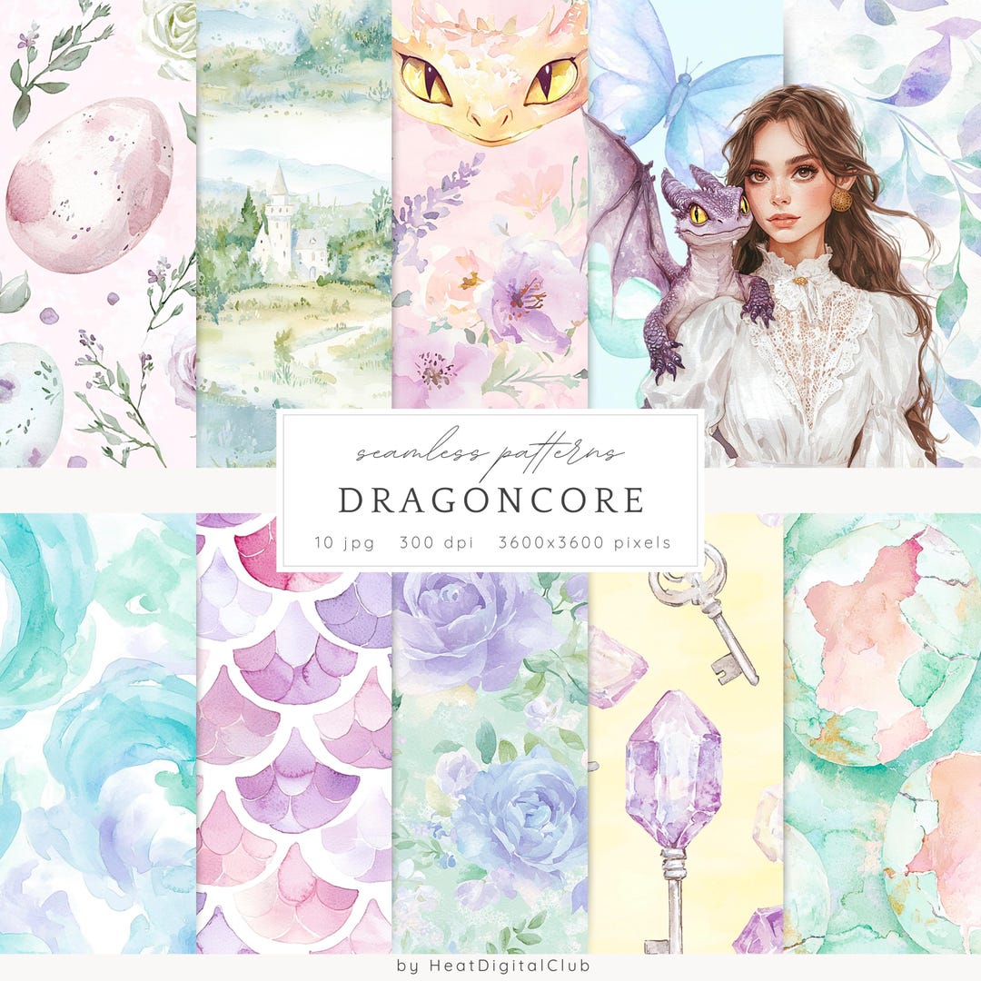 Watercolor Dragoncore Seamless Patterns, Dragons JPEG, Floral, Dragon ...