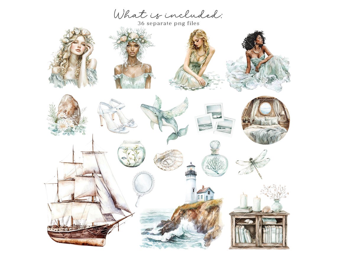 Watercolor Sea Nymph Clipart, Nautical Clip Art, Feminine Marine PNG ...