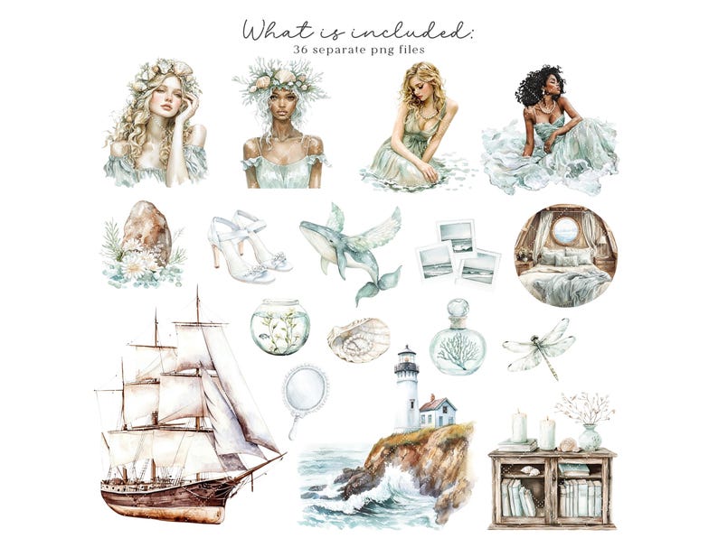 Watercolor Sea Nymph Clipart, Nautical Clip Art, Feminine Marine PNG ...