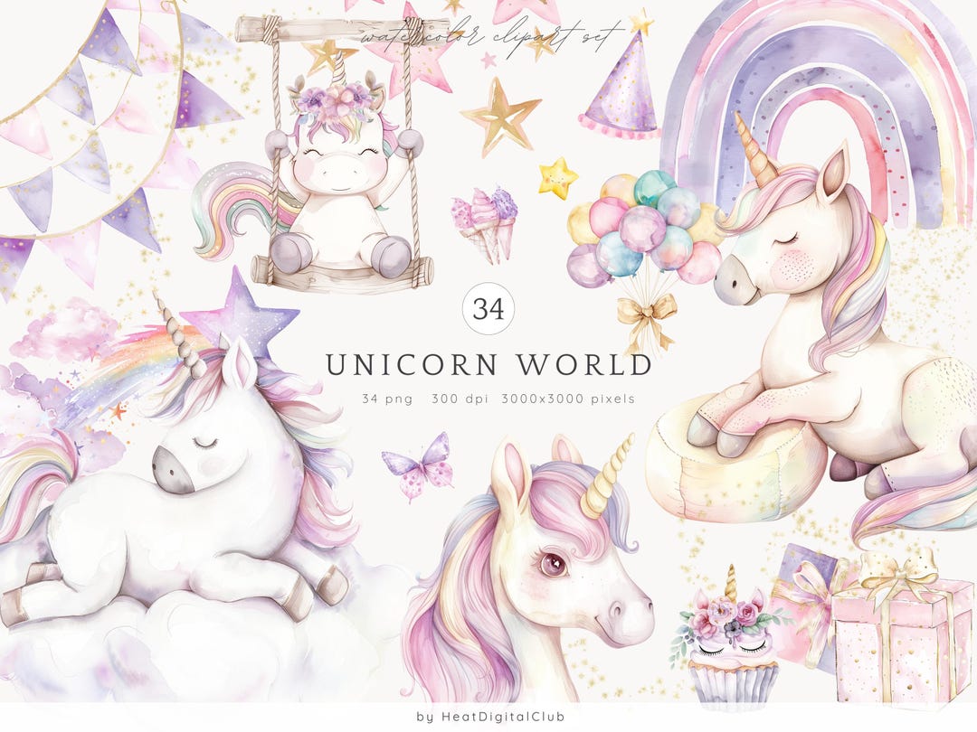 Watercolor Unicorn World Clipart Bundle, Pastel Unicorns Clip Art, Cute ...