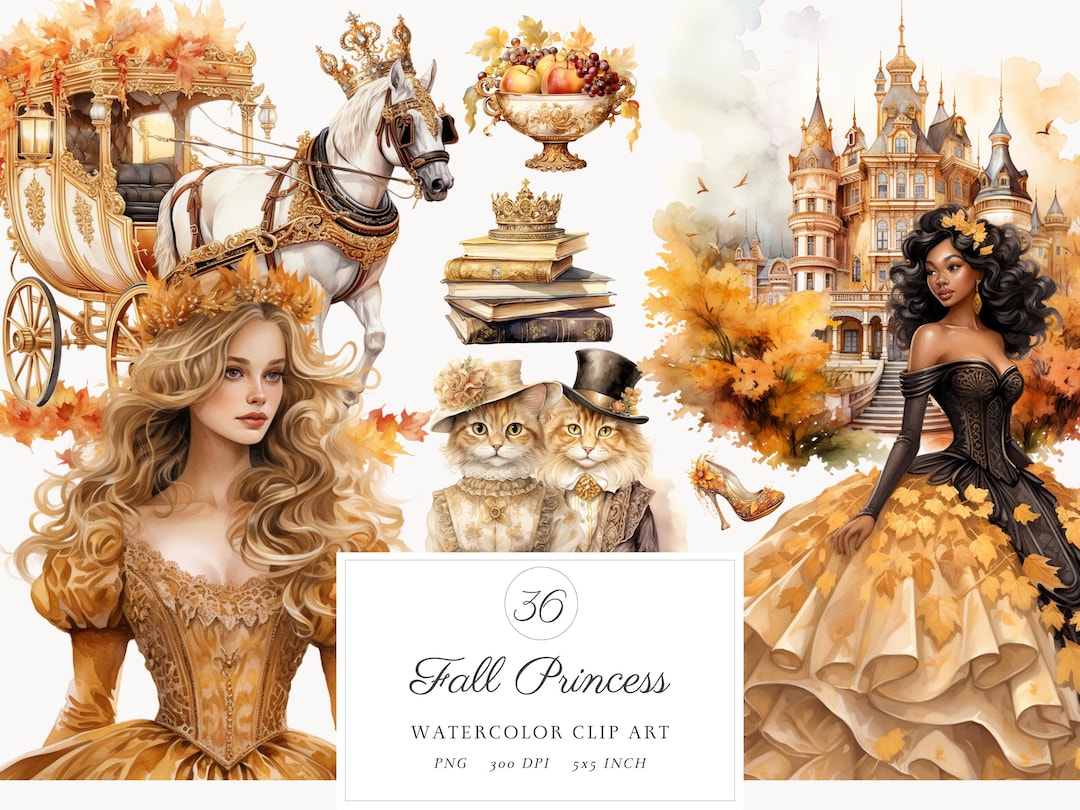 36 Watercolor Fall Princess Clipart PNG Bundle, Victorian Autumn ...