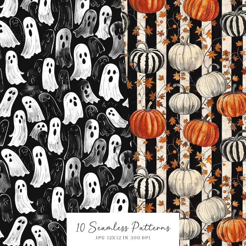 Watercolor Vintage Halloween Seamless Patterns, Classic Spooky Pattern ...