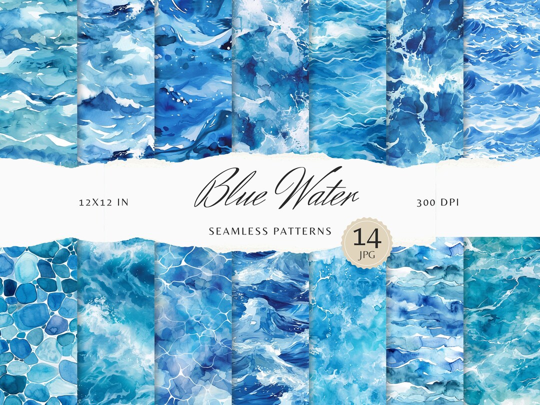 14 Watercolor Blue Water Seamless Patterns, Ocean, Sea Digital Download ...