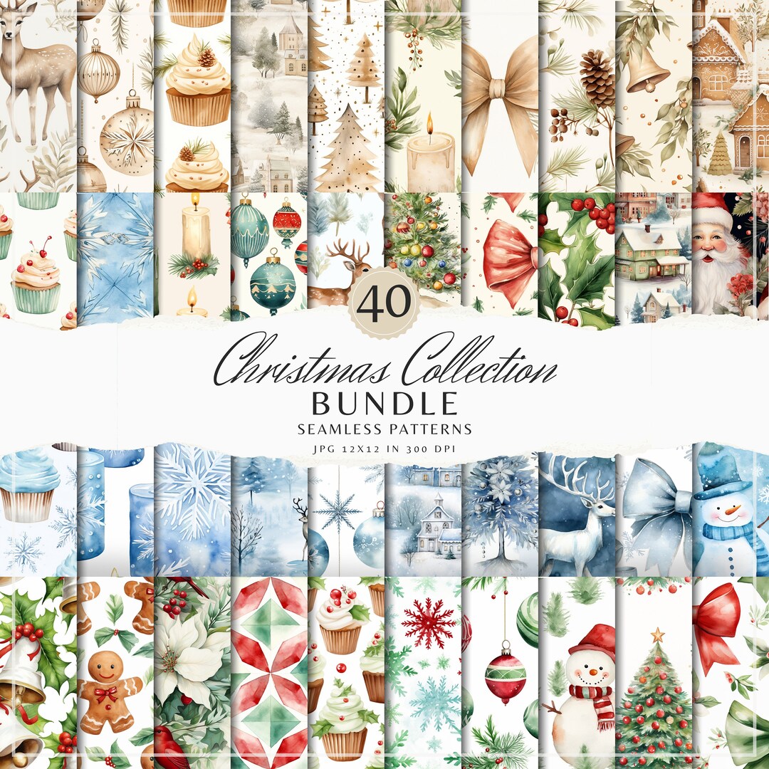 Seamless Watercolor Christmas Patterns Bundle, Xmas JPEG, Holiday ...