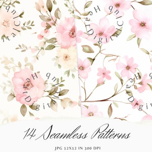 Watercolor Shabby Chic Seamless Patterns, Pastel Floral JPEG, Stripes ...