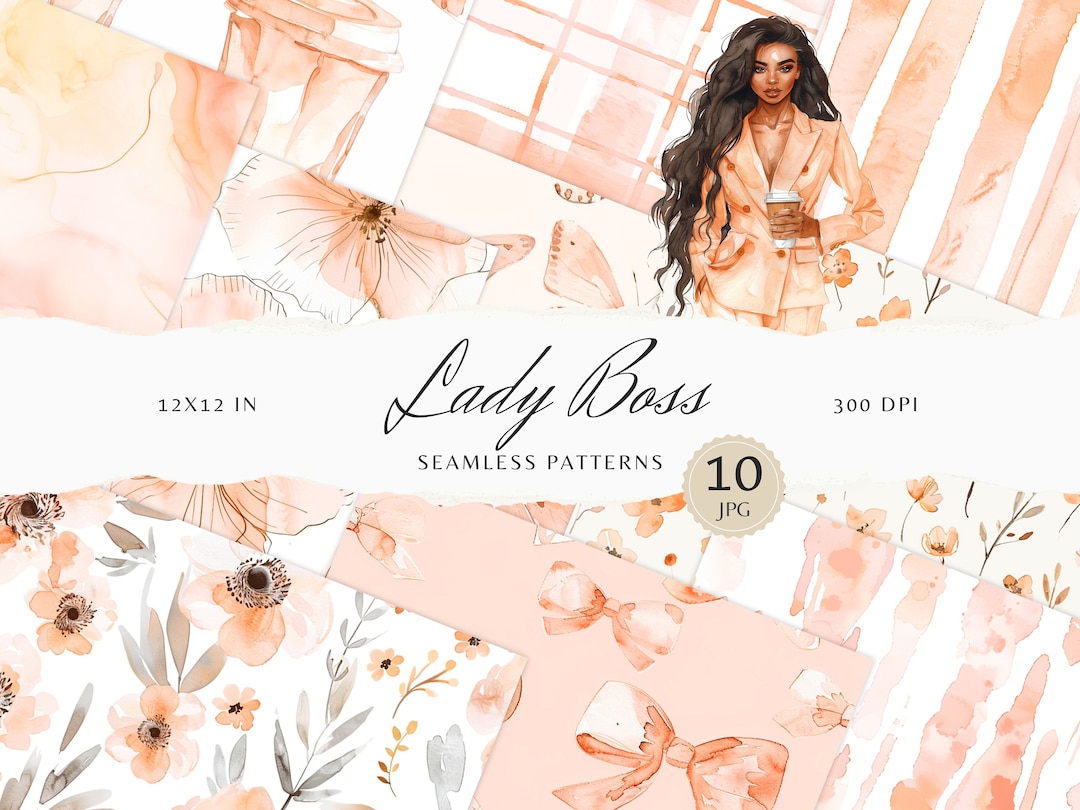 Watercolor Lady Boss Seamless Patterns, Floral Pattern JPEG, Stripes ...