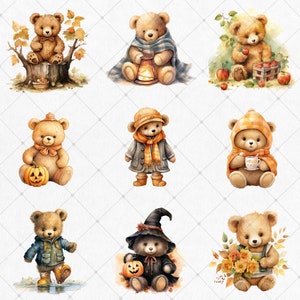 18 Fall Teddy Bears Clipart, Cozy Autumn Watercolor Clip Art, Cute Bear ...