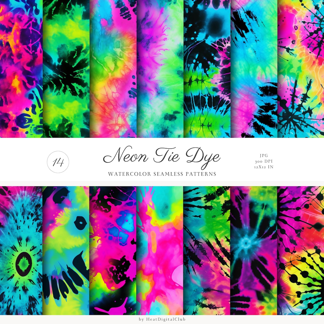 Seamless Watercolor Neon Tie Dye Patterns, JPEG, Washed Fabric Digital ...