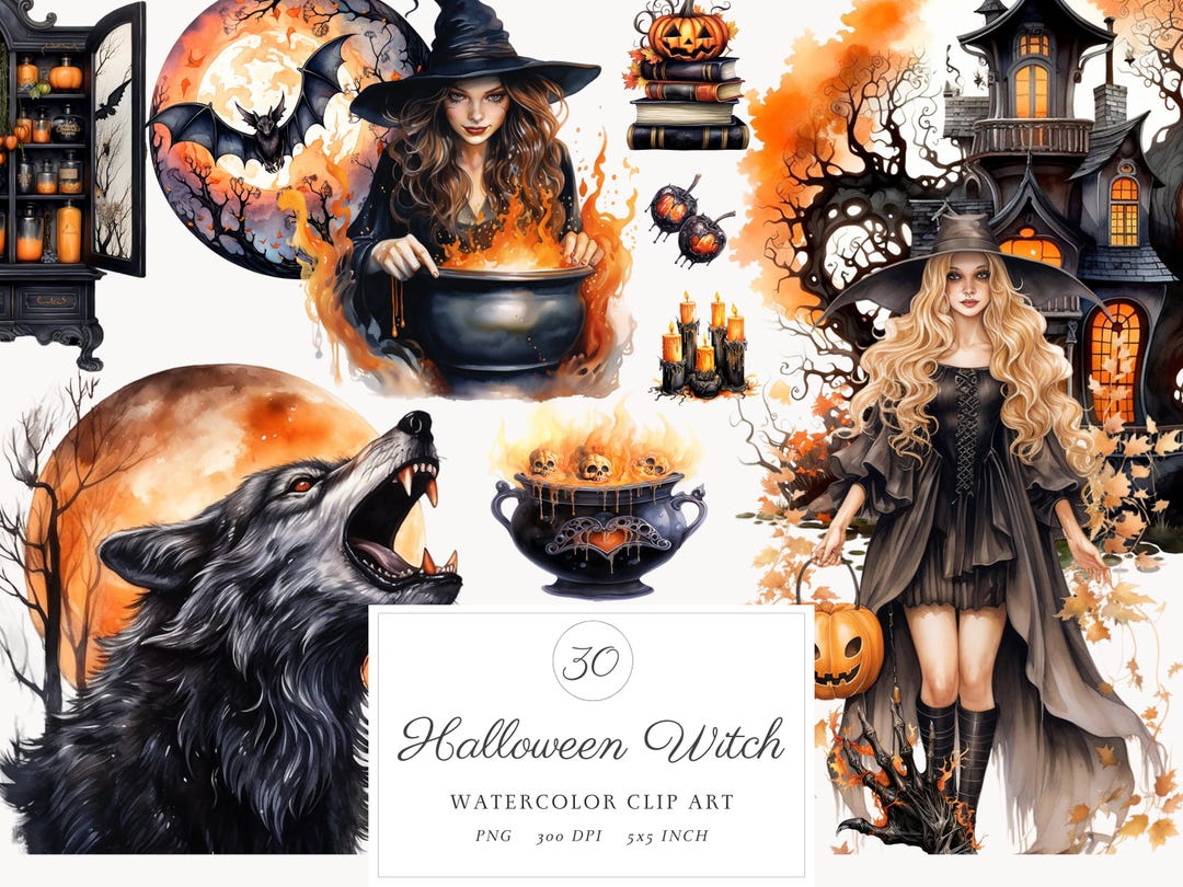 Watercolor Spooky Dark Halloween Witch Clipart Bundle PNG, Witchcraft ...
