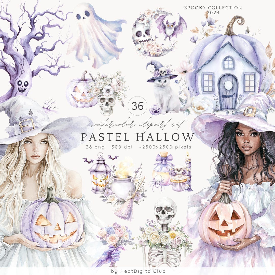 Watercolor Pastel Halloween Clipart, Floral Spooky Halloween Clip Art ...