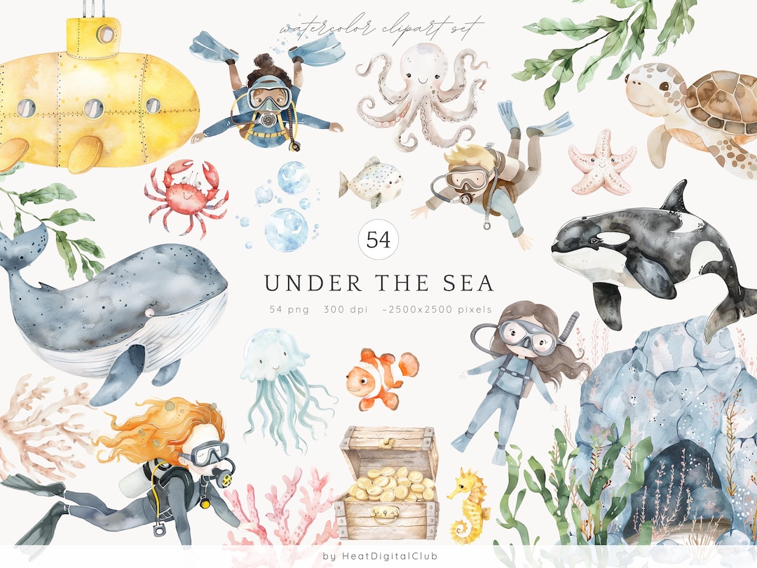 Watercolor Under the Sea Clipart, Undersea Clip Art, Nursery Decor Png ...