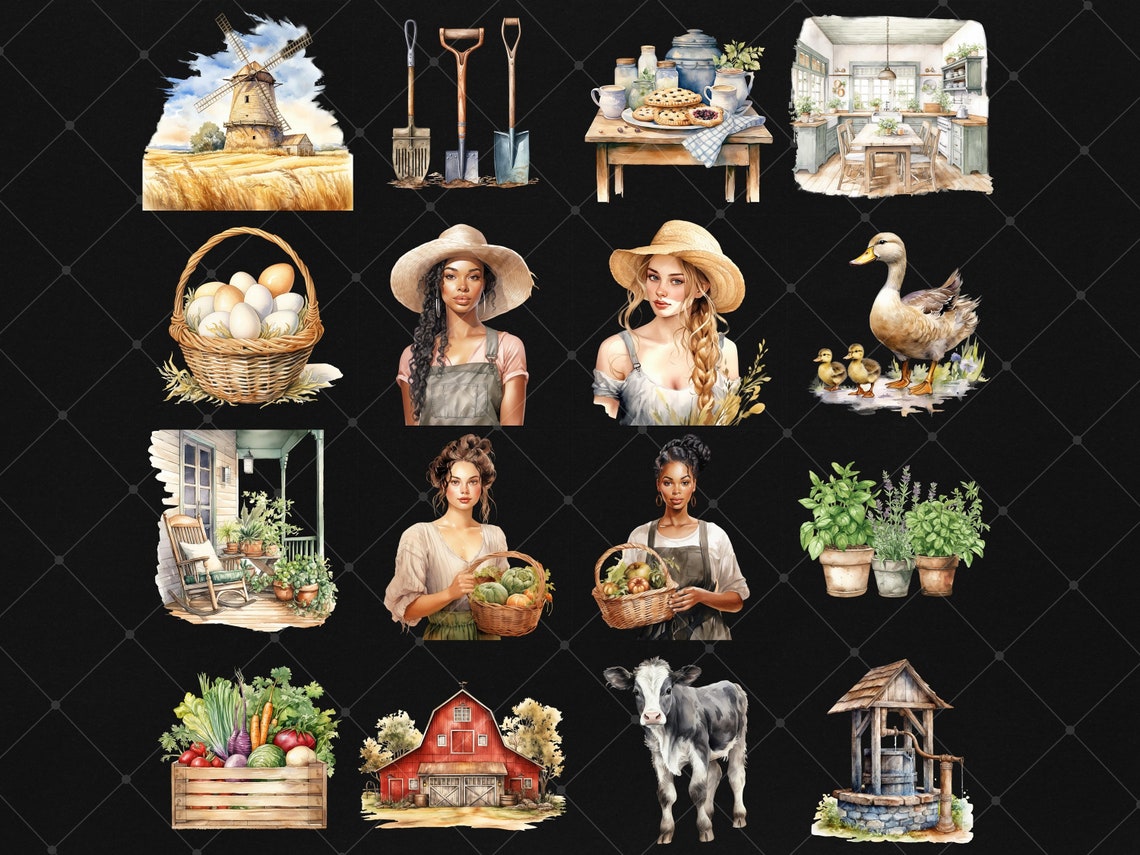 Watercolor Farm Life Clipart Bundle, Farmhouse Clip Art, Farm Animals ...