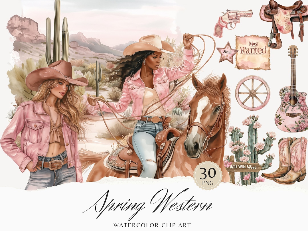 Watercolor Spring Western Clipart Bundle, Cowgirl Texas Horse Ranch ...