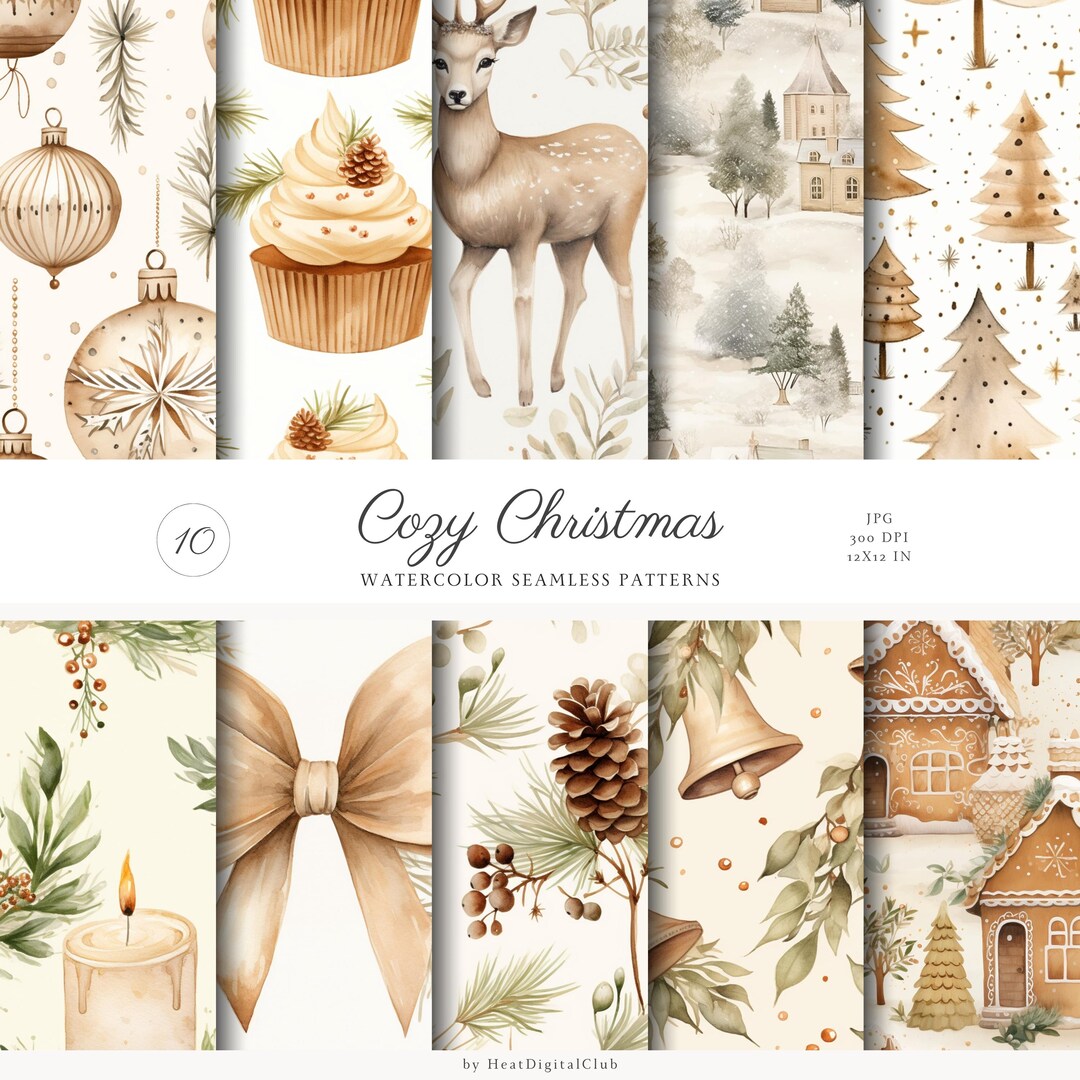 10 Seamless Watercolor Christmas Patterns, Xmas JPEG, Holiday Digital ...
