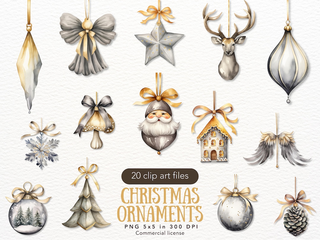 Watercolor Cute Cozy Christmas Ornaments Clipart Bundle, Xmas Baubles ...