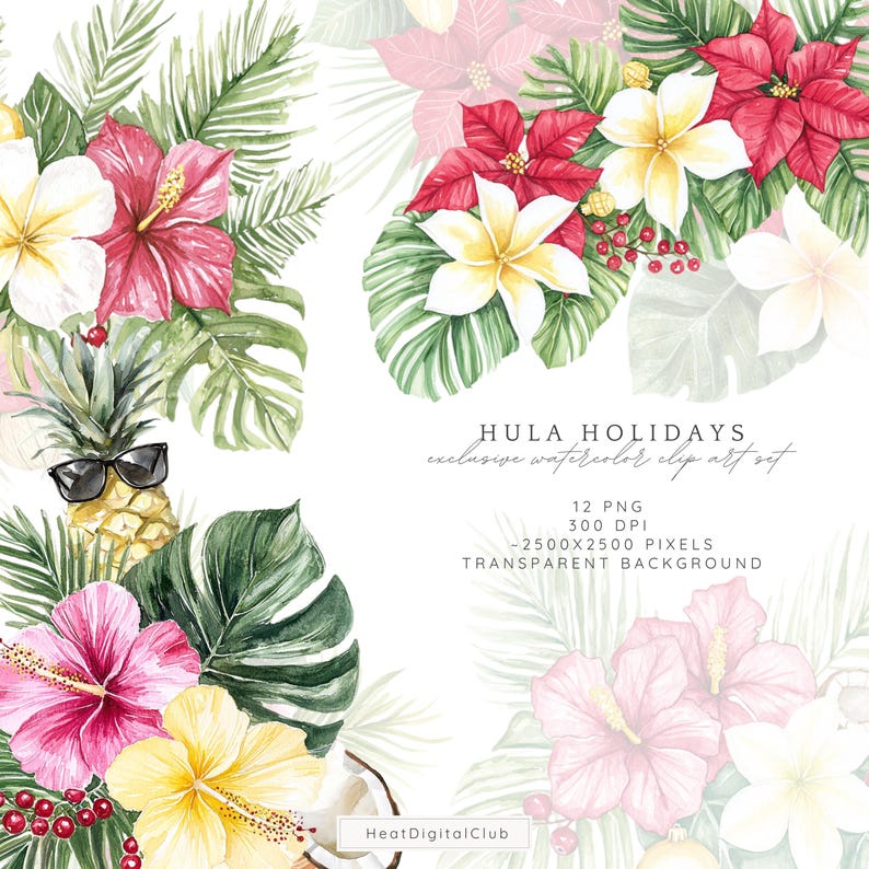 Watercolor Hula Holidays Arrangement Clipart, Hawaiian Christmas Clip ...