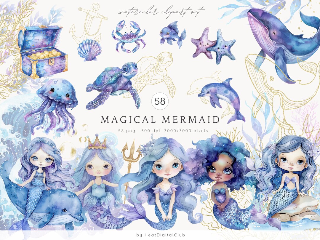 Watercolor Magical Mermaid Clipart Bundle, Mermaid Party Clip Art, Kids ...