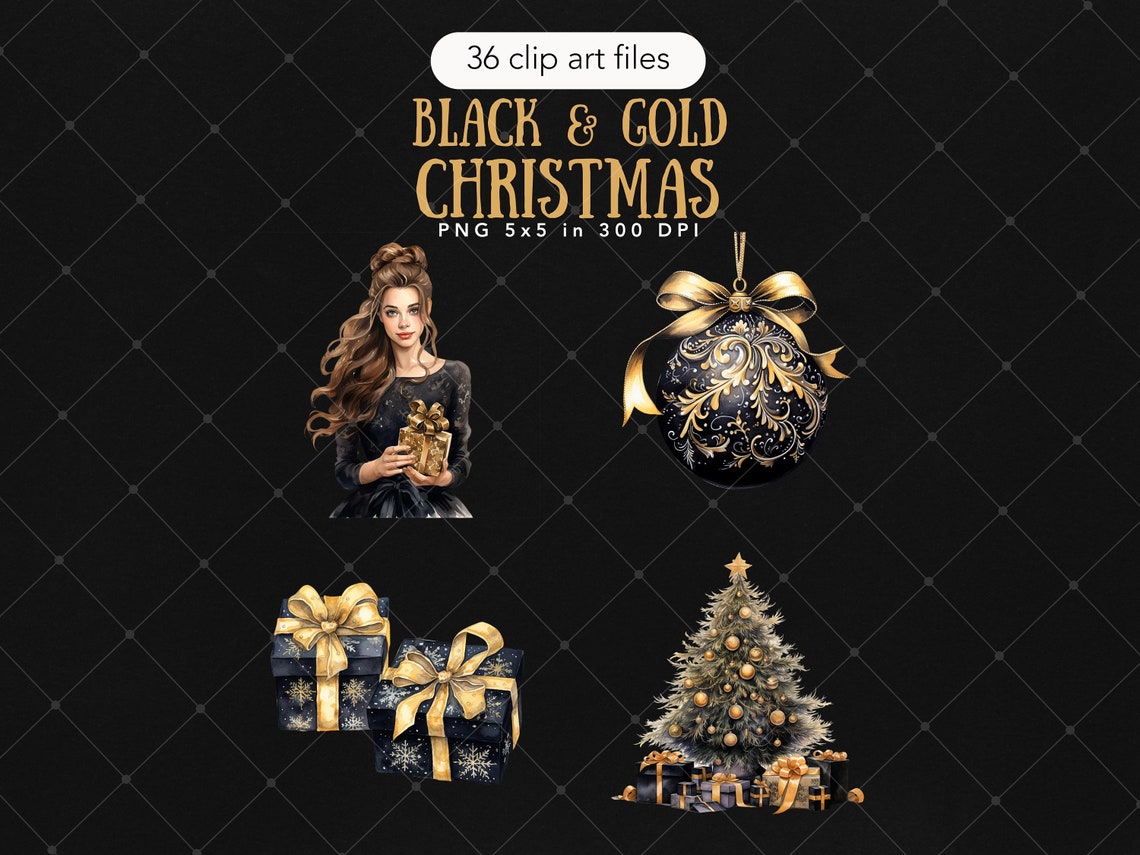 Watercolor Black & Gold Christmas Clipart Bundle, Festive Holiday Clip ...