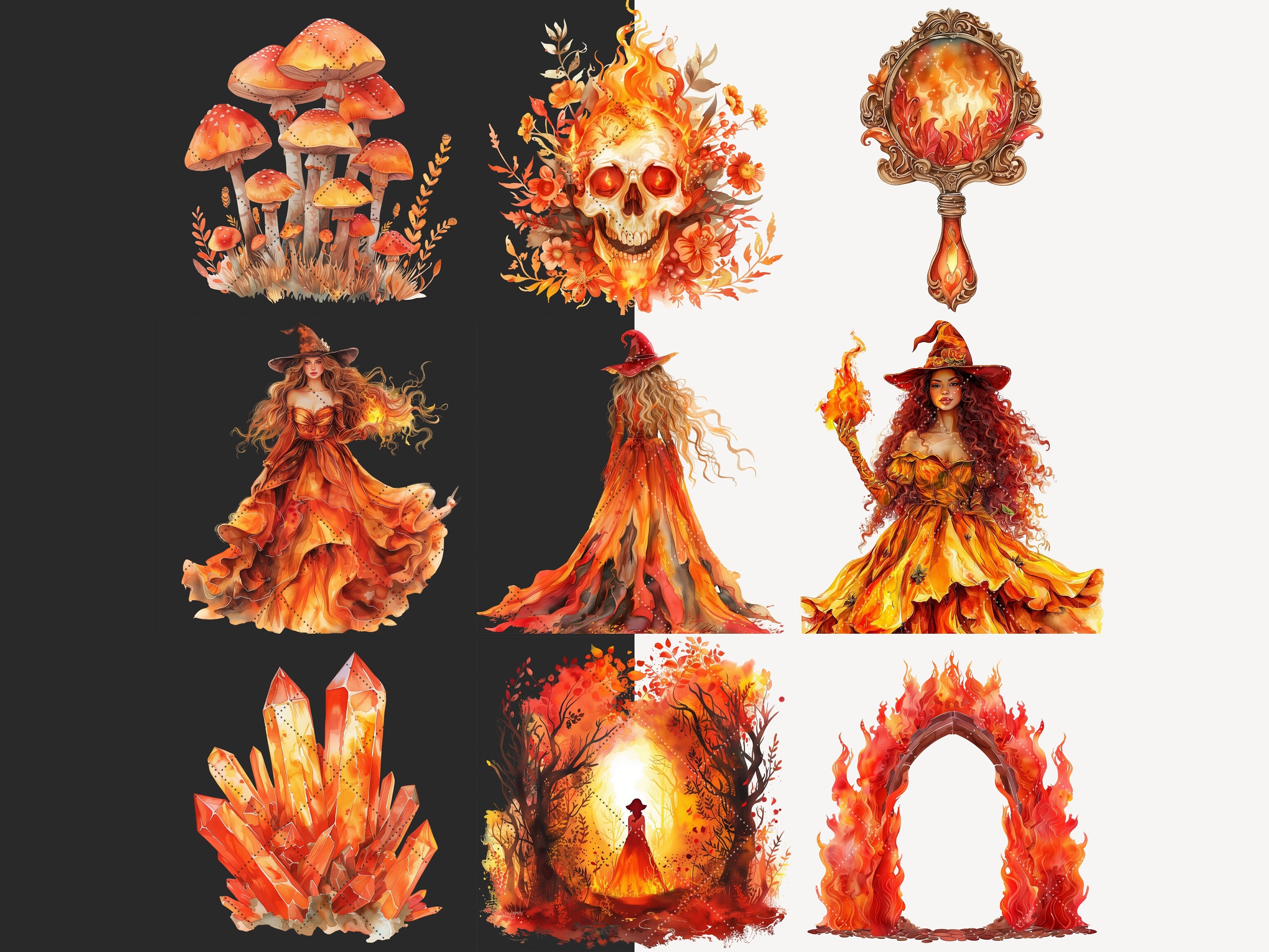Watercolor Fire Witch Clipart Bundle, Magic Witch Clip Art PNG, Witches ...