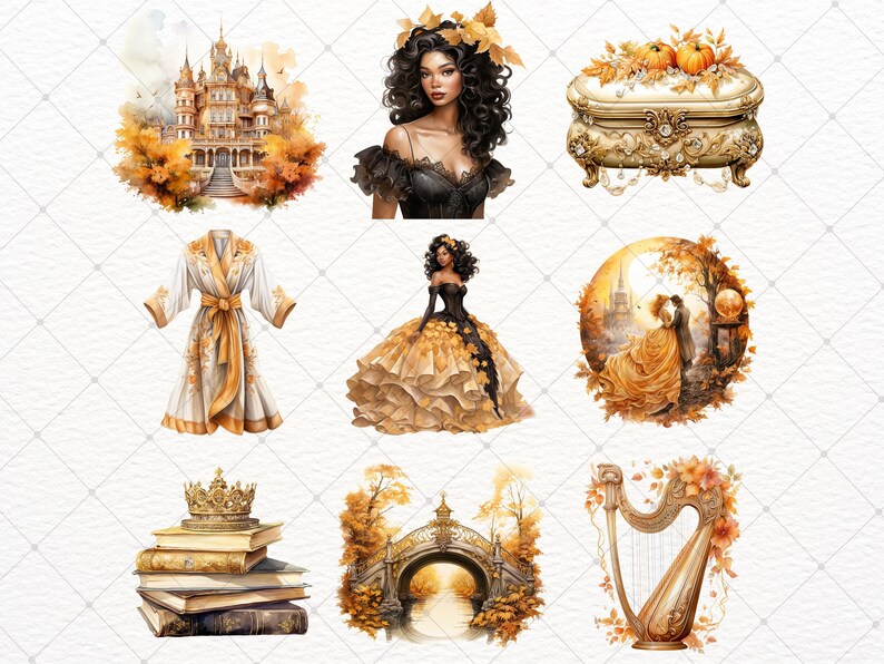 36 Watercolor Fall Princess Clipart PNG Bundle, Victorian Autumn ...