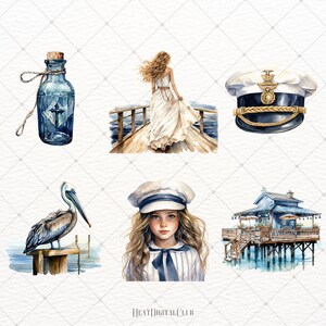 Watercolor Nautical Aesthetics Clipart, Romantic Navy PNG Bundle ...