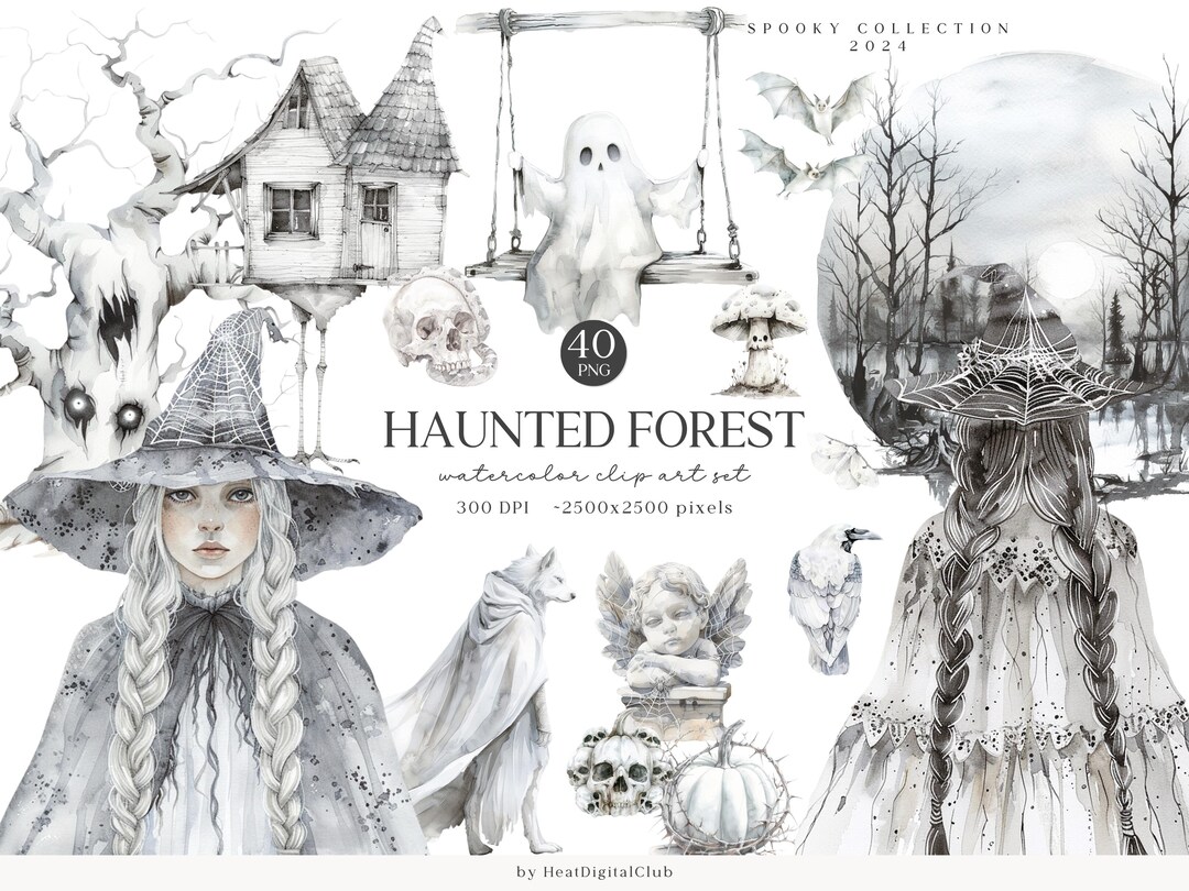 Watercolor Haunted Forest Clipart, Halloween Dark Woodland Fantasy PNG ...