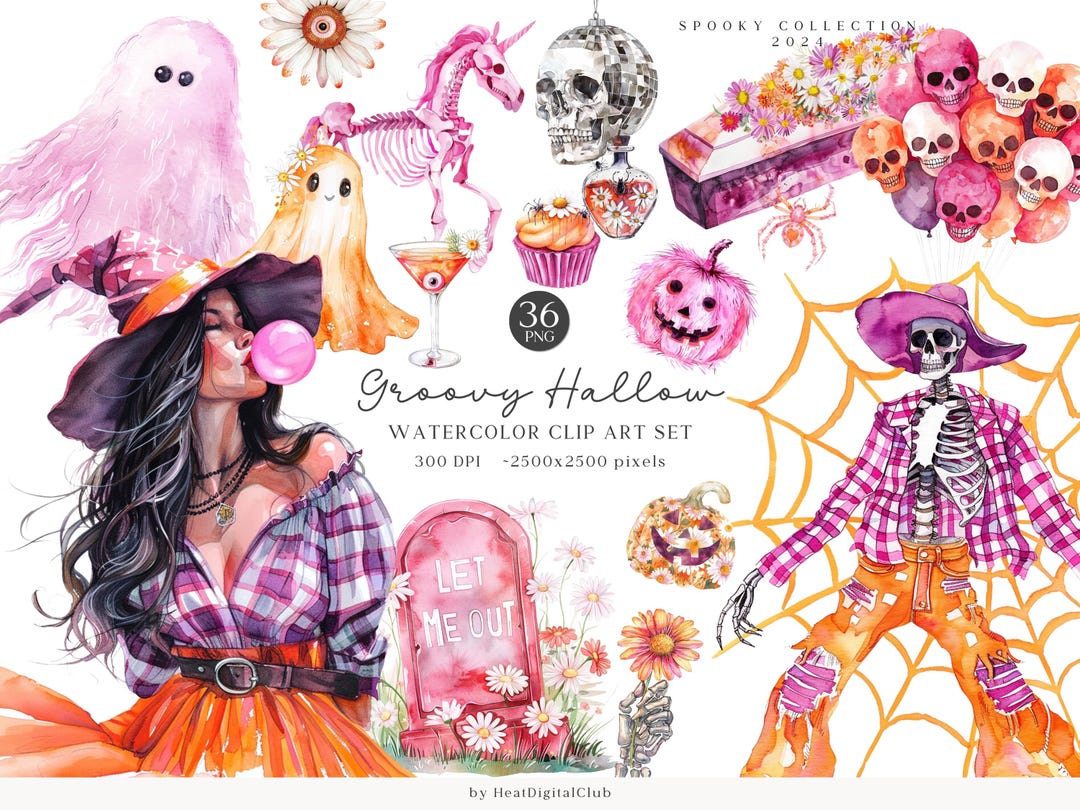 Watercolor Groovy Halloween Clipart, Hippie Spooky Halloween Clip Art ...