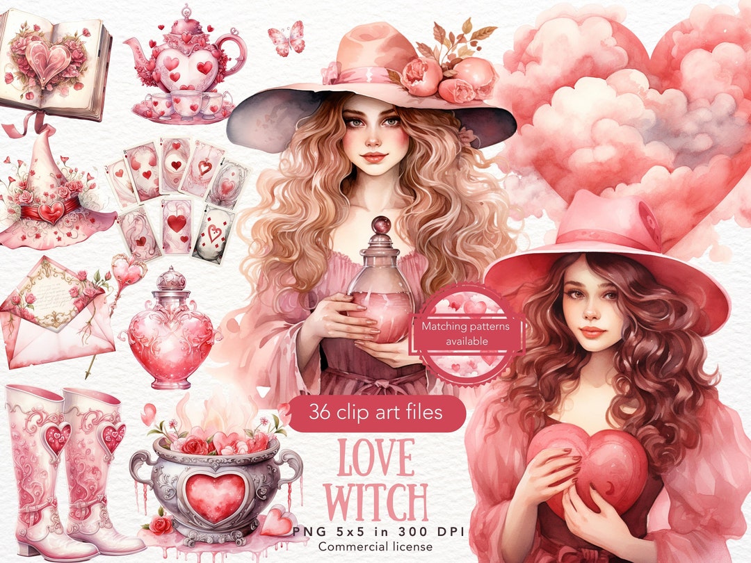 Watercolor Love Witch Clipart Bundle, Romantic Magic Witch Clip Art PNG ...