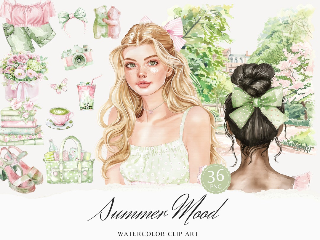 Watercolor Summer Mood Clipart Bundle, Pastel Girly Clip Art, Summer ...