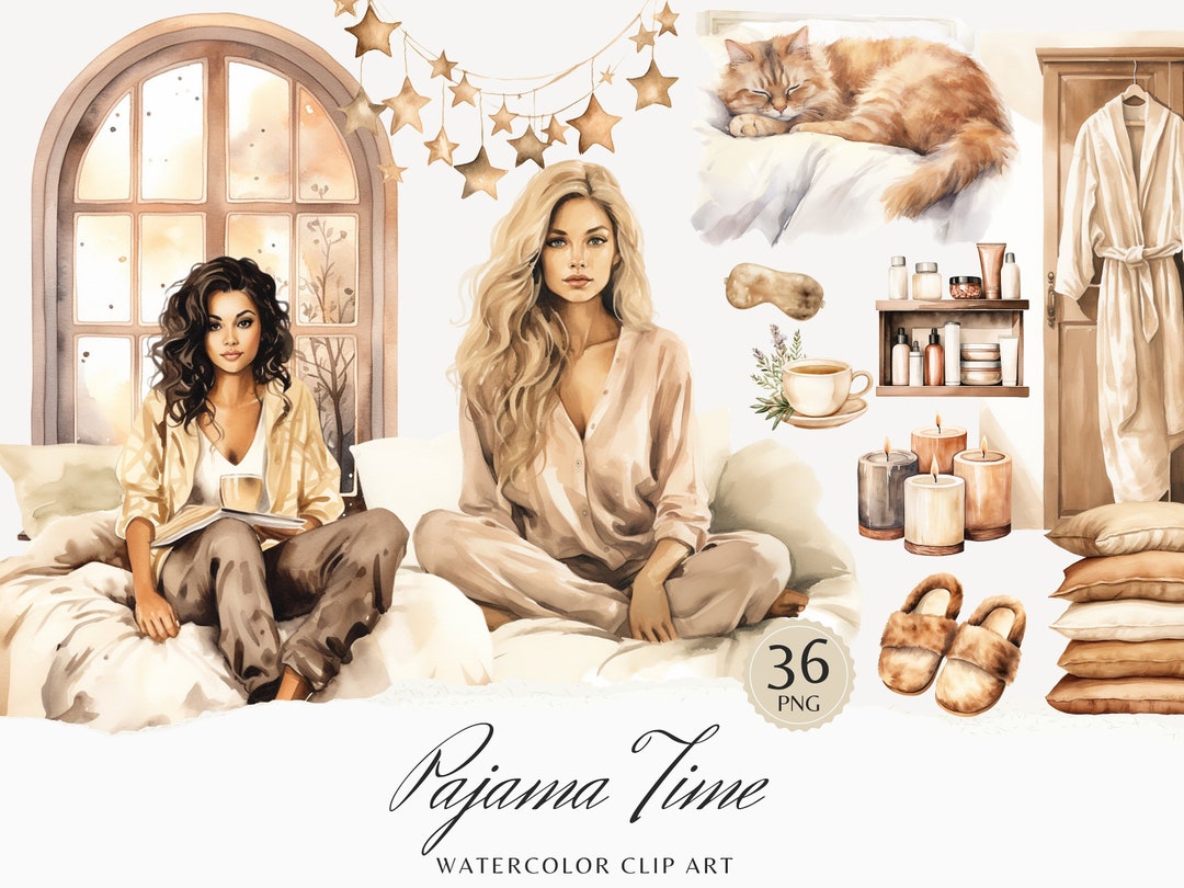 Watercolor Pajama Time Clipart Bundle, Self Care Clip Art, Relaxation ...