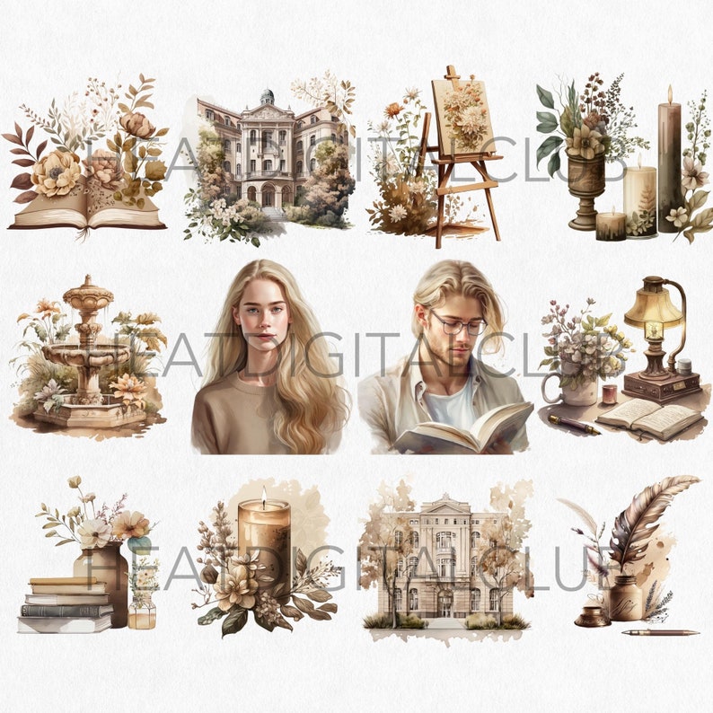 30 Watercolor Light Academia Items Romantic Cottagecore PNG - Etsy