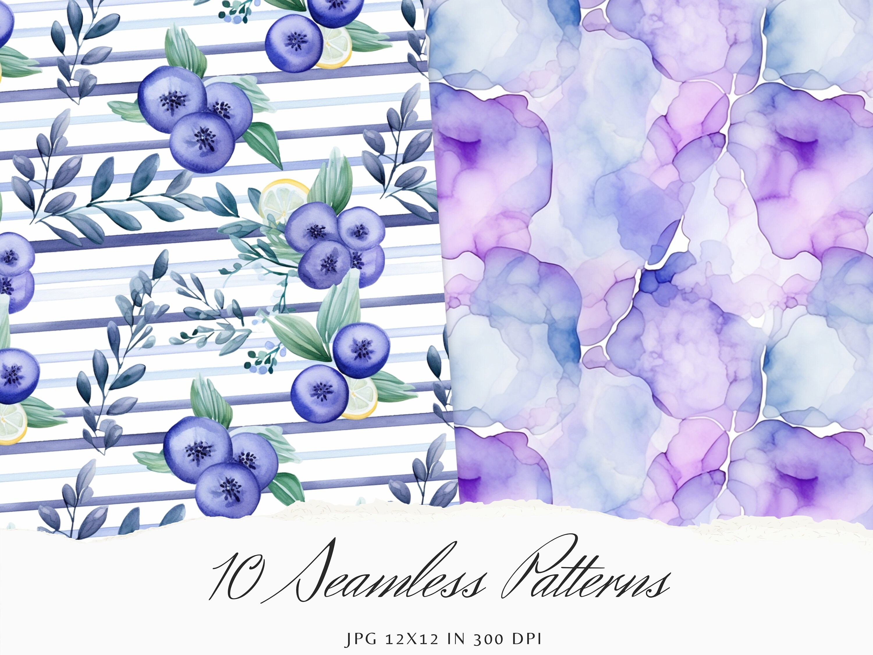 Watercolor Blueberry Garden Seamless Patterns,berries Pattern JPEG ...