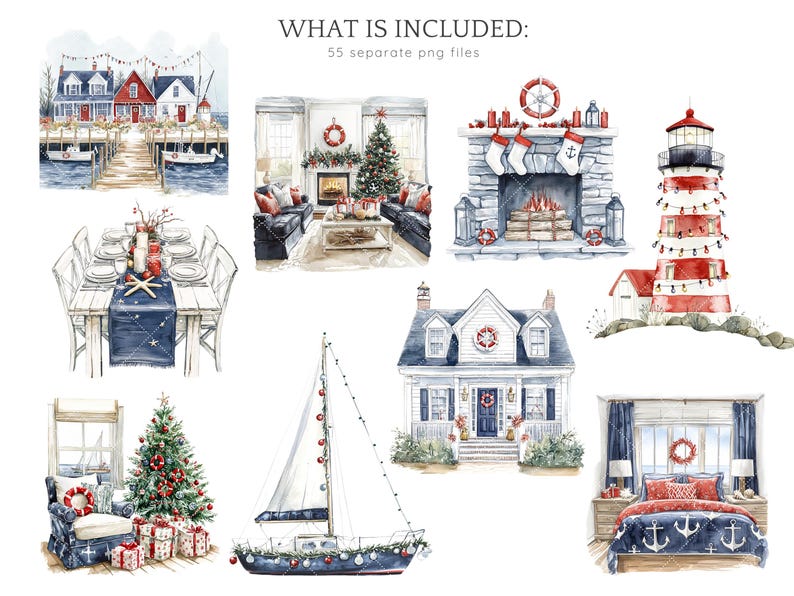 Watercolor Nautical Noel Clipart, Winter Christmas Clip Art, Marine Png ...