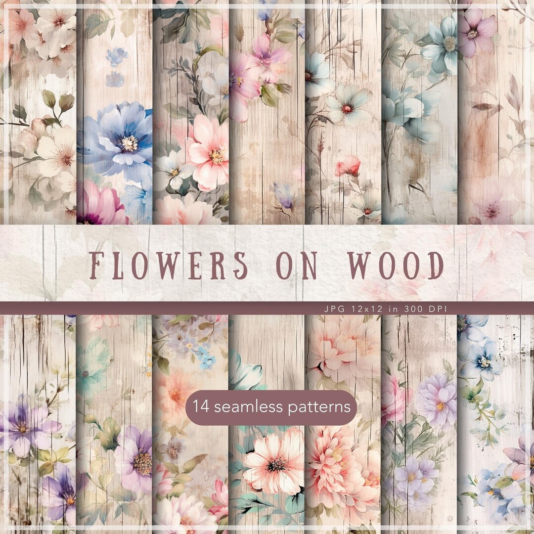 Seamless Watercolor Rustic Flowers Patterns, Old Vintage Wooden ...
