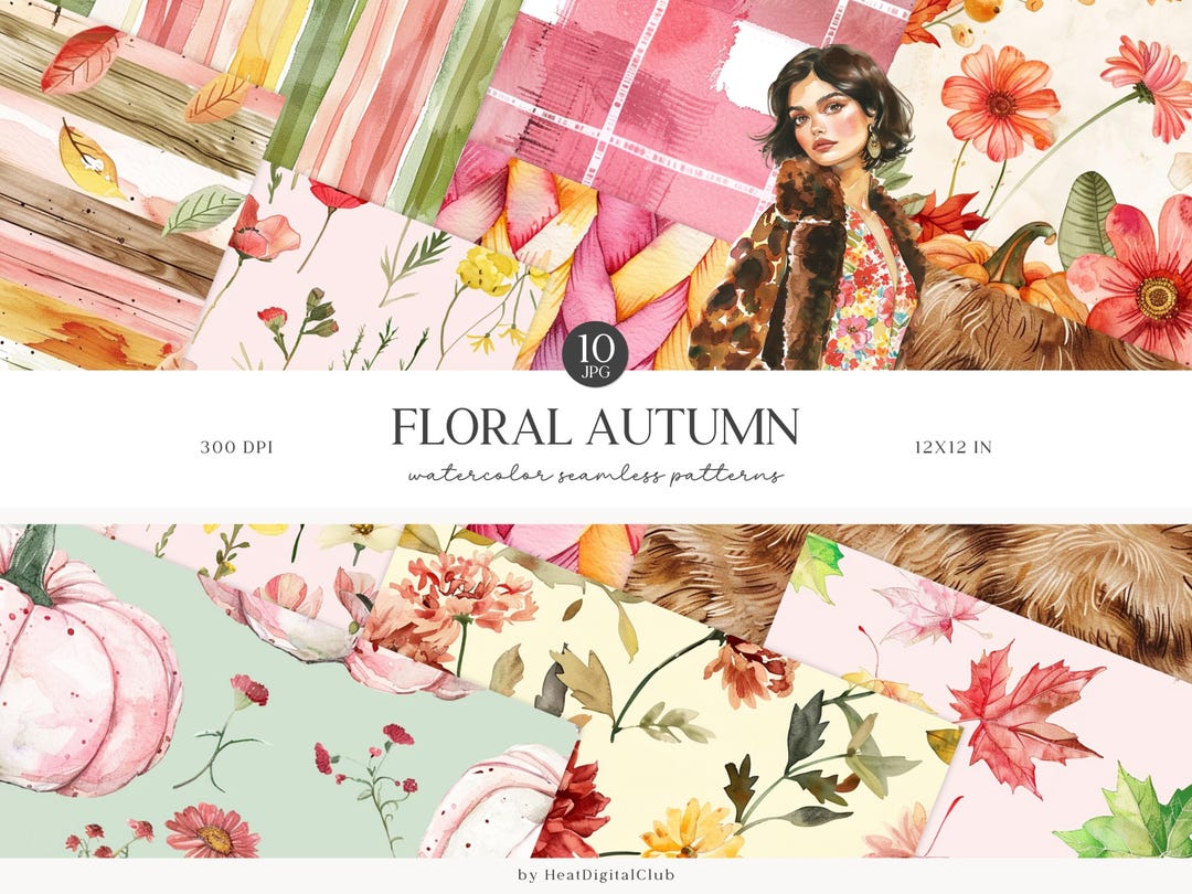 Watercolor Floral Autumn Seamless Patterns, Colorful Fall Pattern JPEG ...