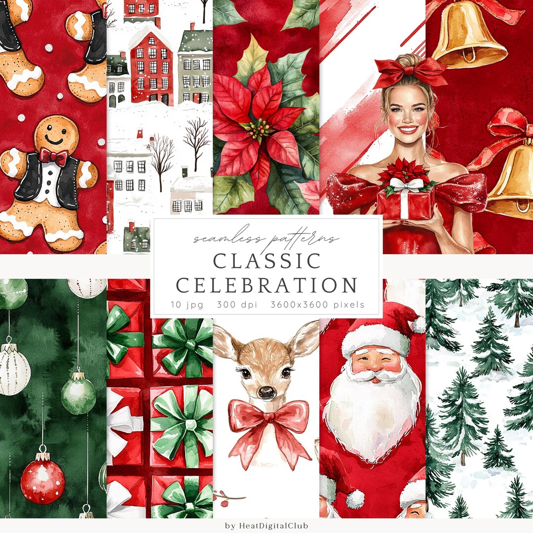 Watercolor Christmas Seamless Patterns, Classic Christmas JPEG, Festive ...