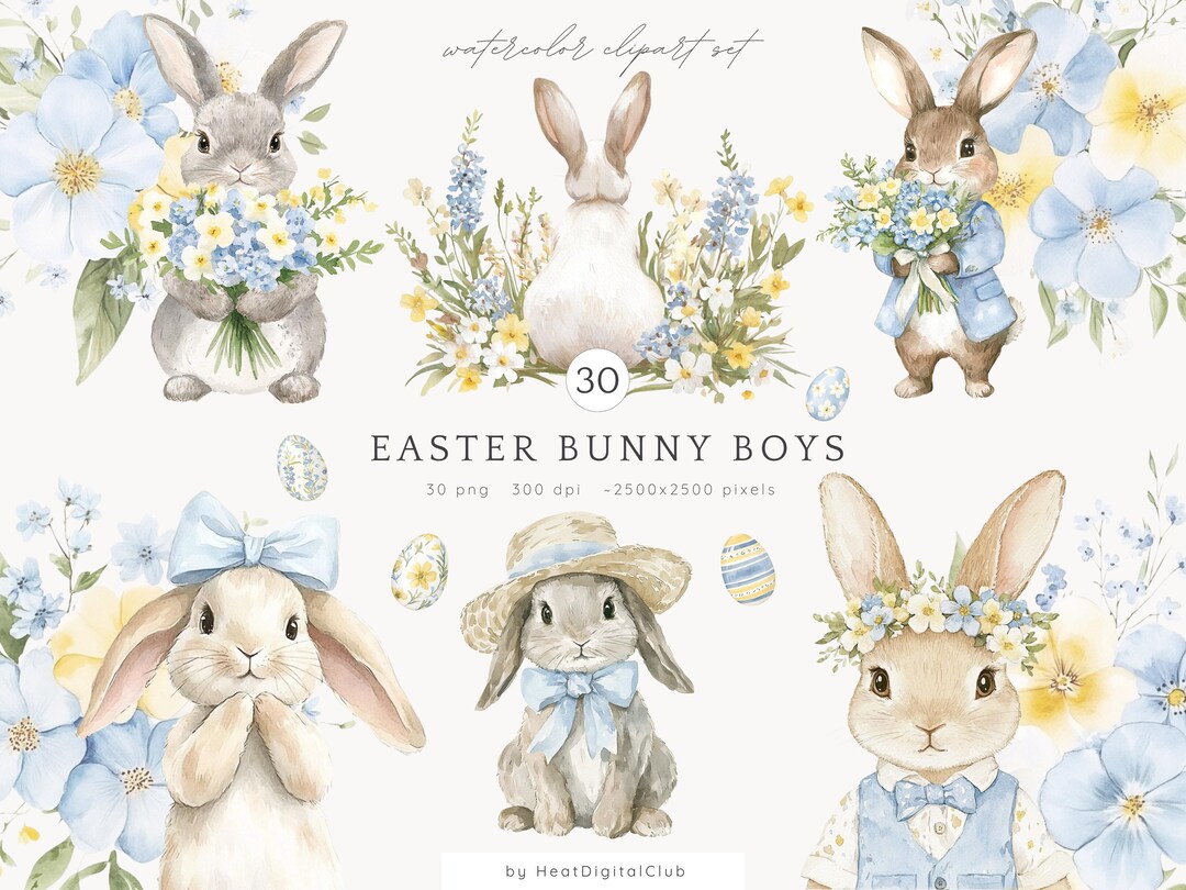 Watercolor Easter Bunnies Clipart, Bunny Boy PNG, Blue Bunnies Clipart ...