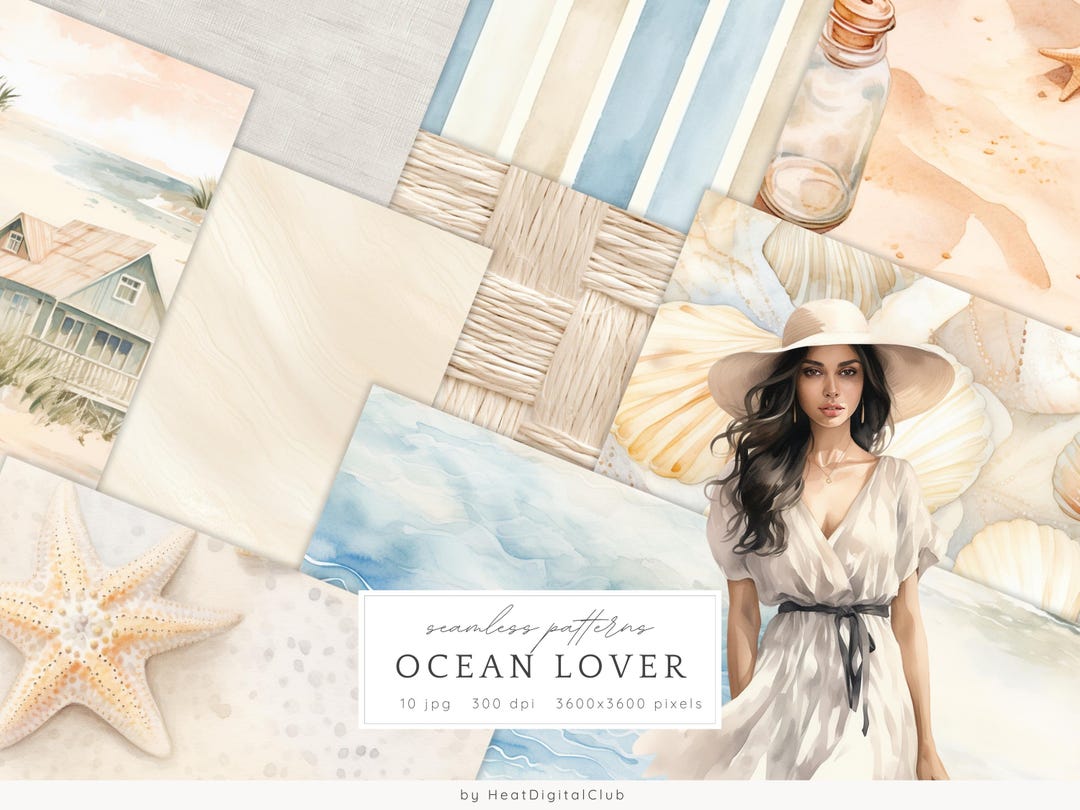 Watercolor Ocean Lover Seamless Patterns, Beach Pattern JPEG, Neutral ...
