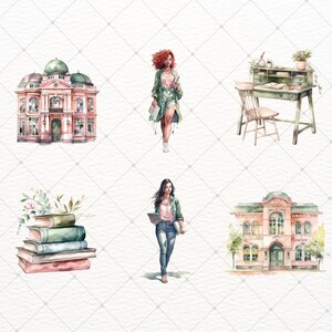 Watercolor Pink Green Bookworm Clip Art Bundle, Bookshelf, Book Lover ...