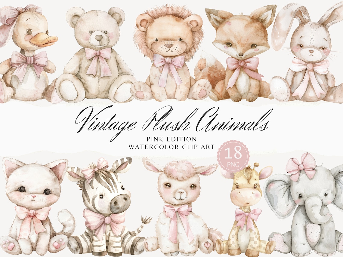 Watercolor Pink Vintage Plush Animals Clipart Bundle, Nursery Animal ...