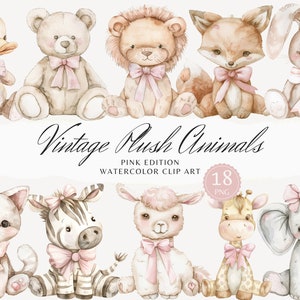Watercolor Pink Vintage Plush Animals Clipart Bundle, Nursery Animal ...