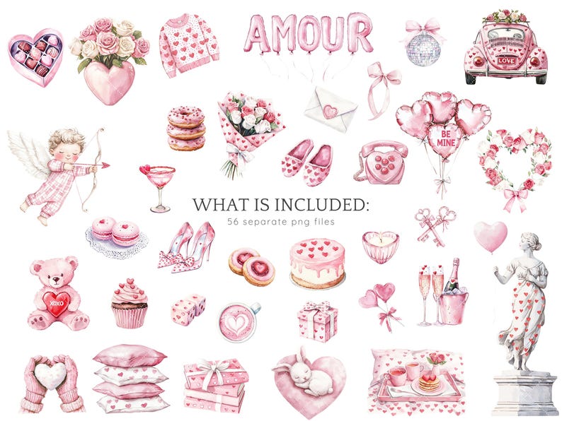 Watercolor Valentines Day Clipart Bundle, Romantic Clip Art PNG, Amour ...