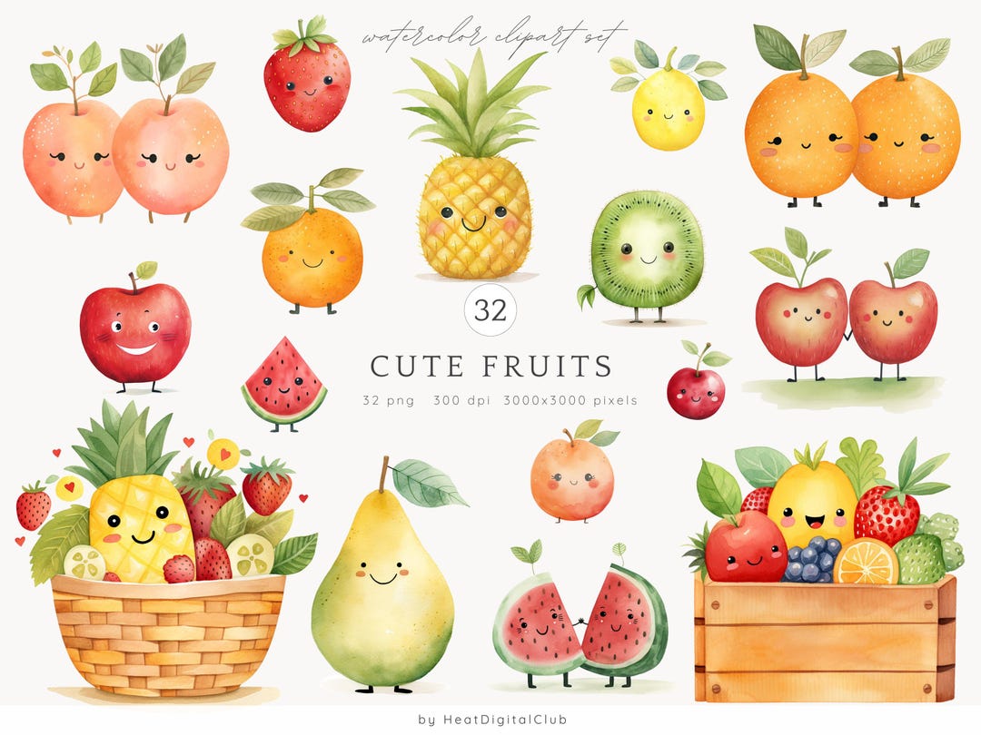 Watercolor Cute Fruits Clipart Bundle, Funny Fruits Berries Clip Art ...