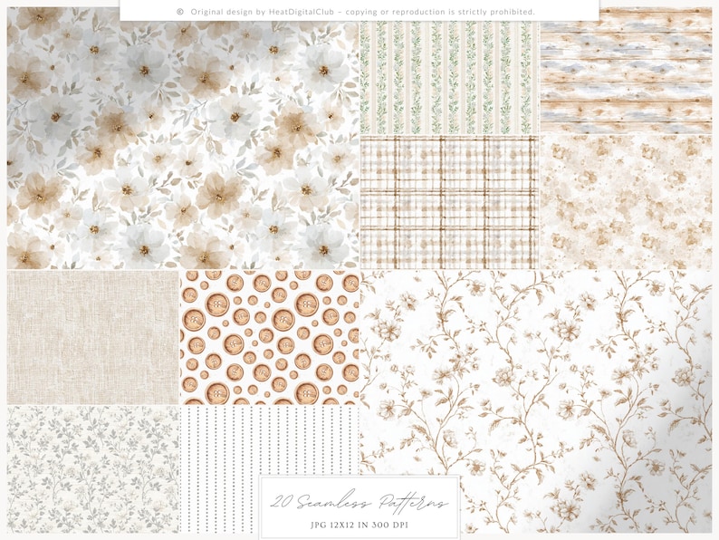 Watercolor Rustic Atelier Seamless Patterns, Neutral Floral Patterns ...