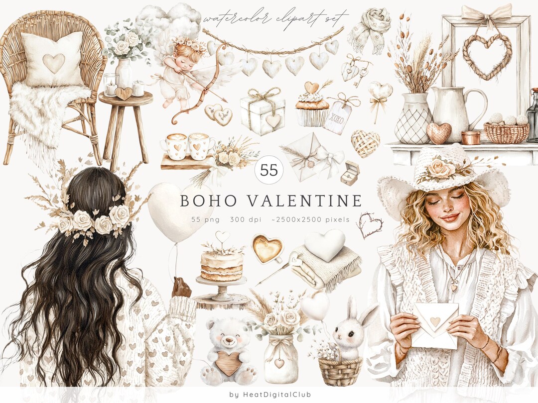 Watercolor Boho Valentines Day Clipart Bundle, Romantic Clip Art PNG ...